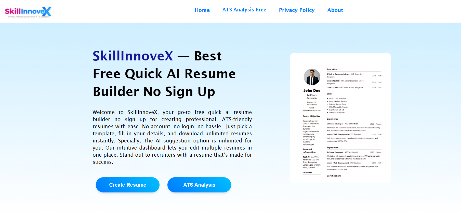 Free AI Resume Builder Without Login | SkillInnoveX
